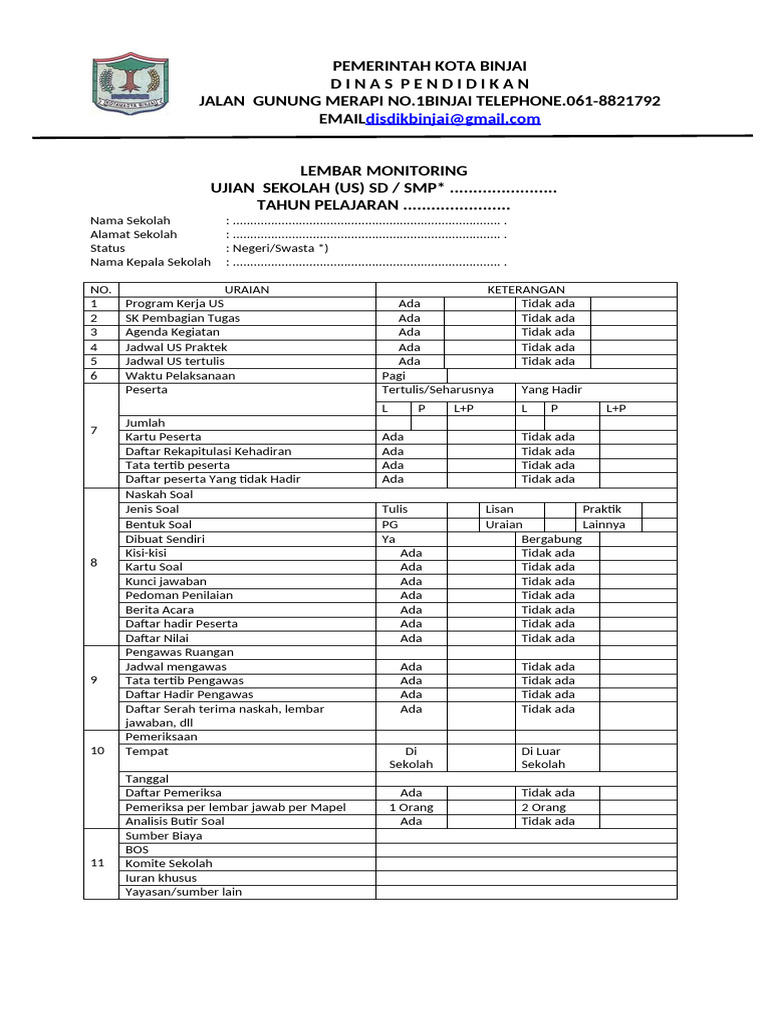 Instrumen Monitoring Ujian Sekolah SMP 2025 | PDF