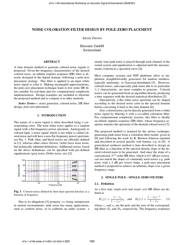 NOISE COLORATION FILTER DESIGN BY POLE-ZERO PLACEMENT | PDF | Filter (Signal Processing ...