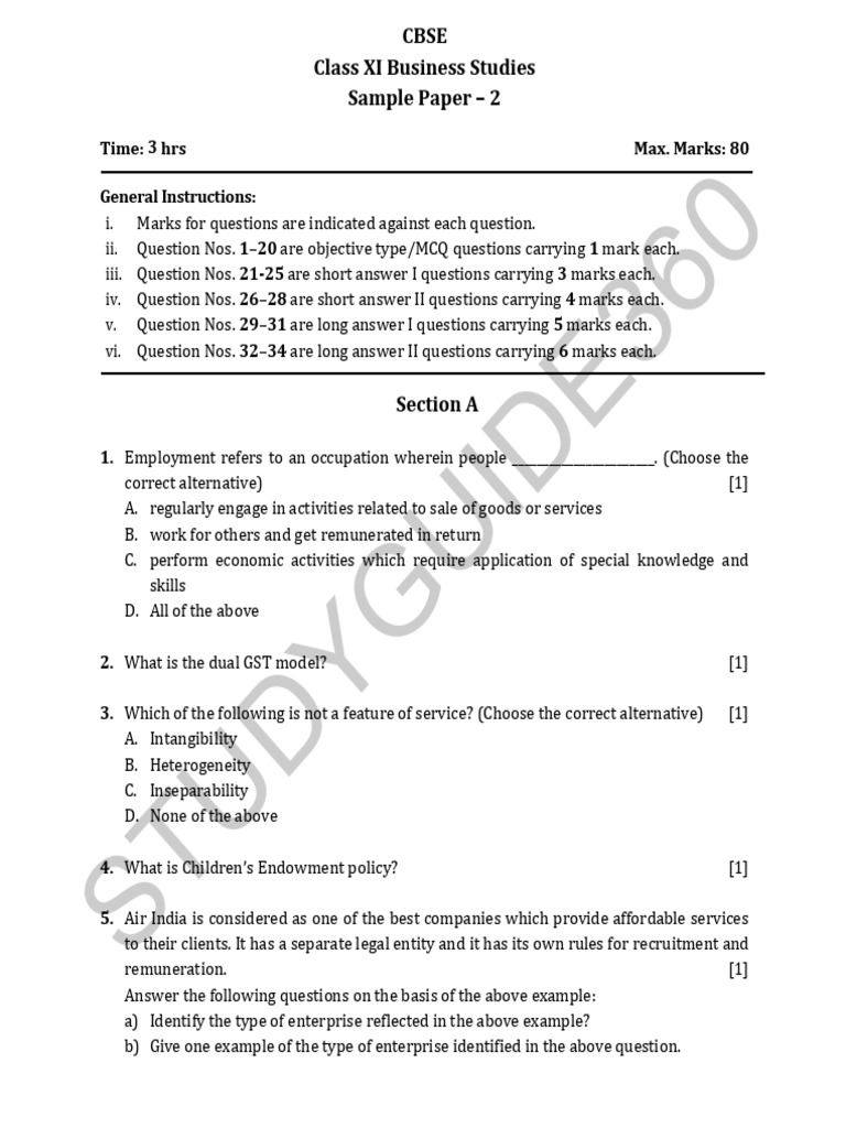 Class 11 Business Studies Sample Paper 2 Questions | PDF | Business ...