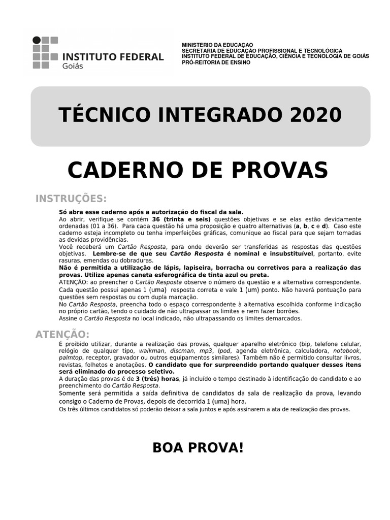 Prova Tecnico Integrado IFG 2020 | PDF | Abelhas | Dióxido de carbono