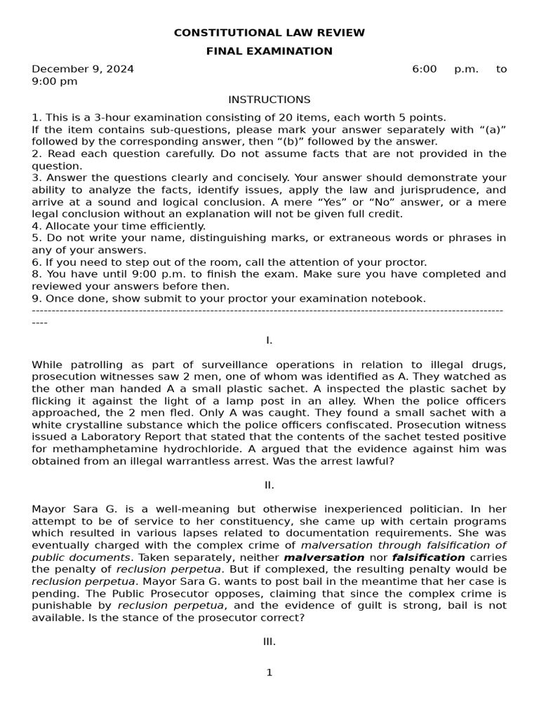 CONSTITUTIONAL LAW REVIEW FINAL EXAMINATION AY 2024-2025 | PDF | Prosecutor | Eminent Domain