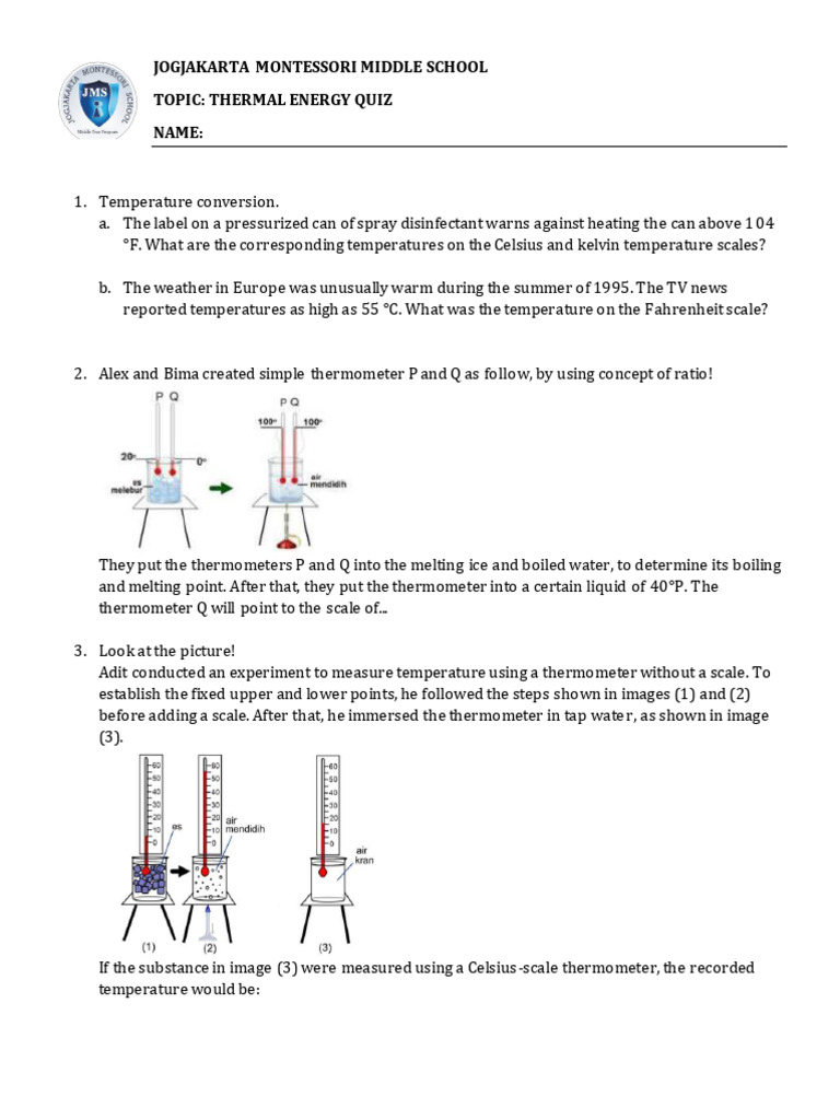Thermal Energy Quiz for Middle School | PDF