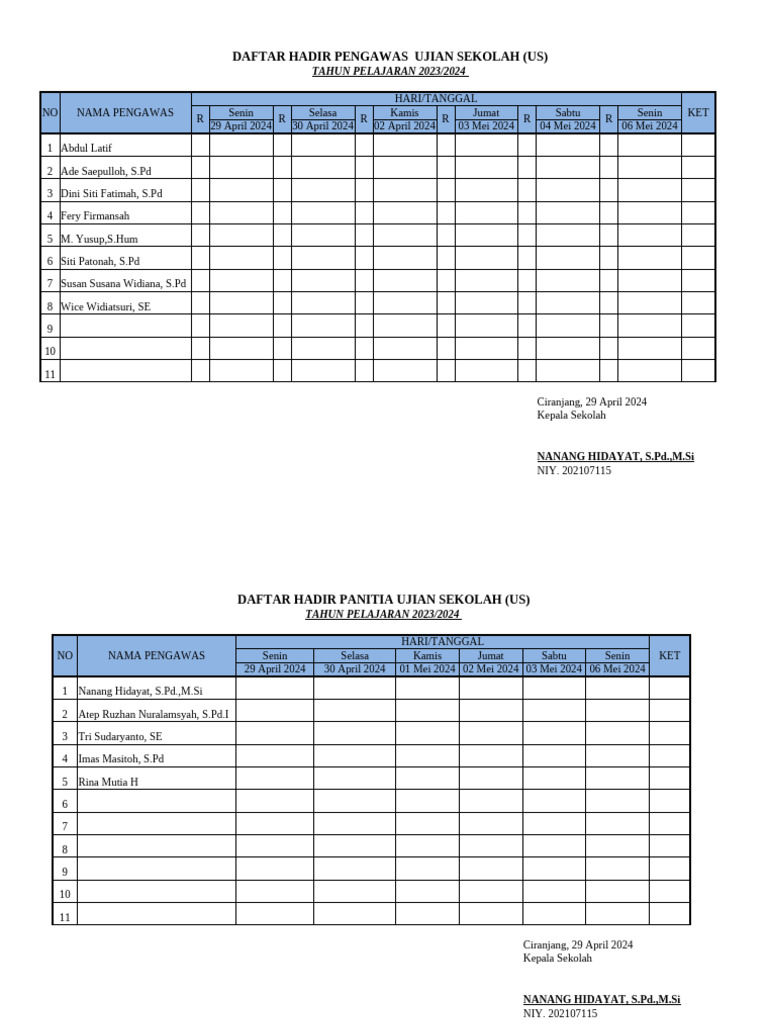 Daftar Hadir Pengawas Ujian 2024 | PDF