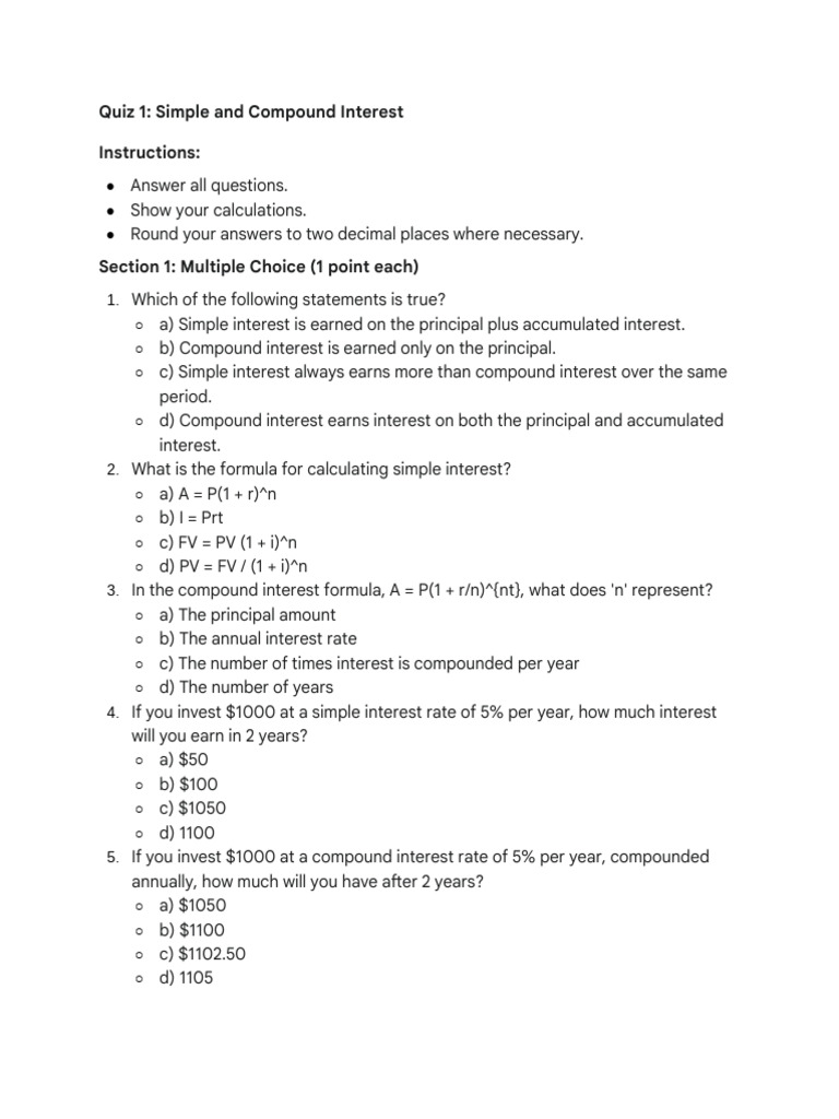 Simple and Compound Interest Quiz | PDF | Interest | Compound Interest