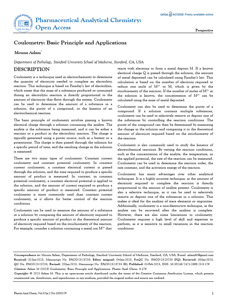 Coulometry: Principles and Applications | PDF | Reaction Rate ...