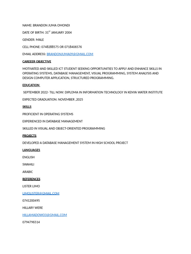 CV Brandon Juma Omondi | PDF