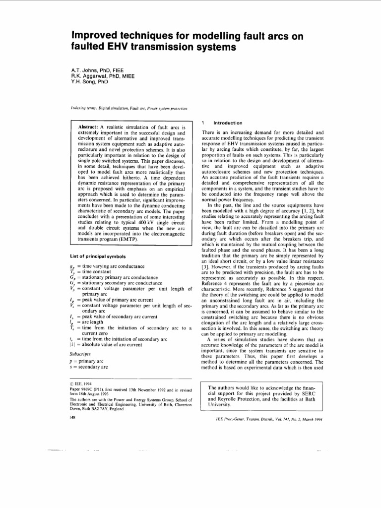 Johns, Aggarwal, Song - 1994 - Improved Techniques For Modelling Fault Arcs On Faulted EHV ...
