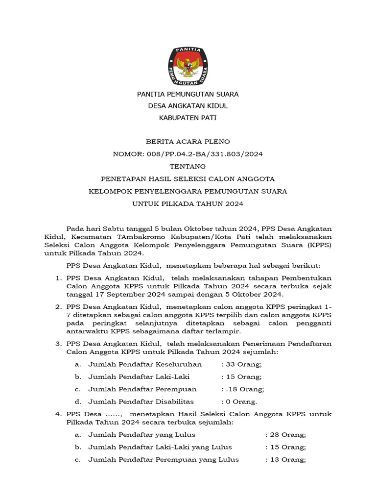 Berita Acara Penetapan Hasil Seleksi KPPS | PDF