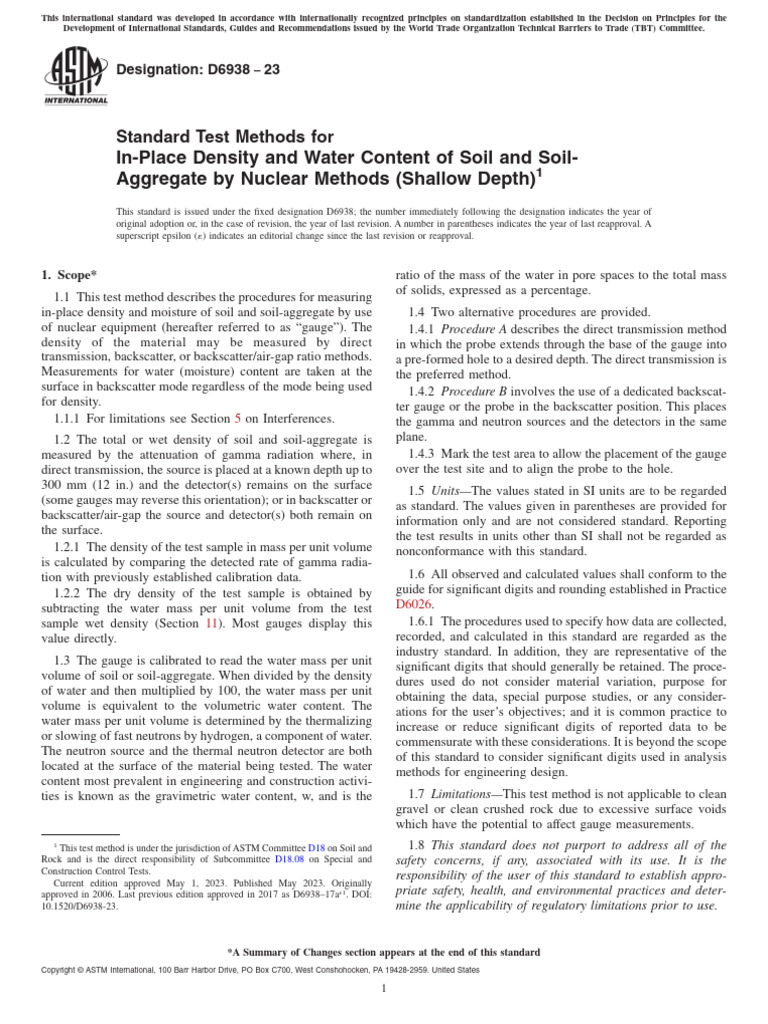 ASTM D6938-23: Nuclear Density Testing | PDF | Density