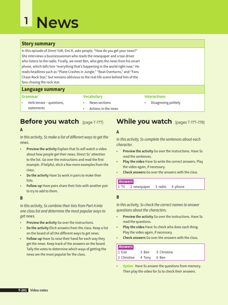 Four Corners Level 4 Unit 1 News Video Notes | PDF | Language Mechanics ...