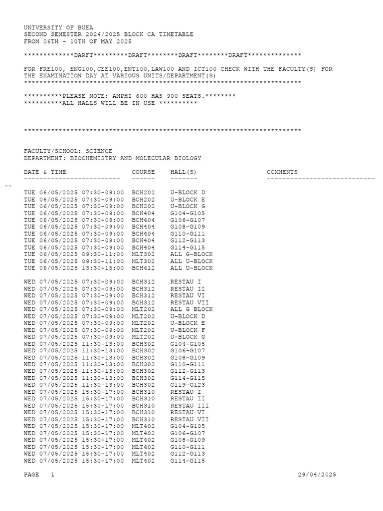 Block CA Second Semester 2024 - 2025 Timetable | PDF | Life Sciences ...