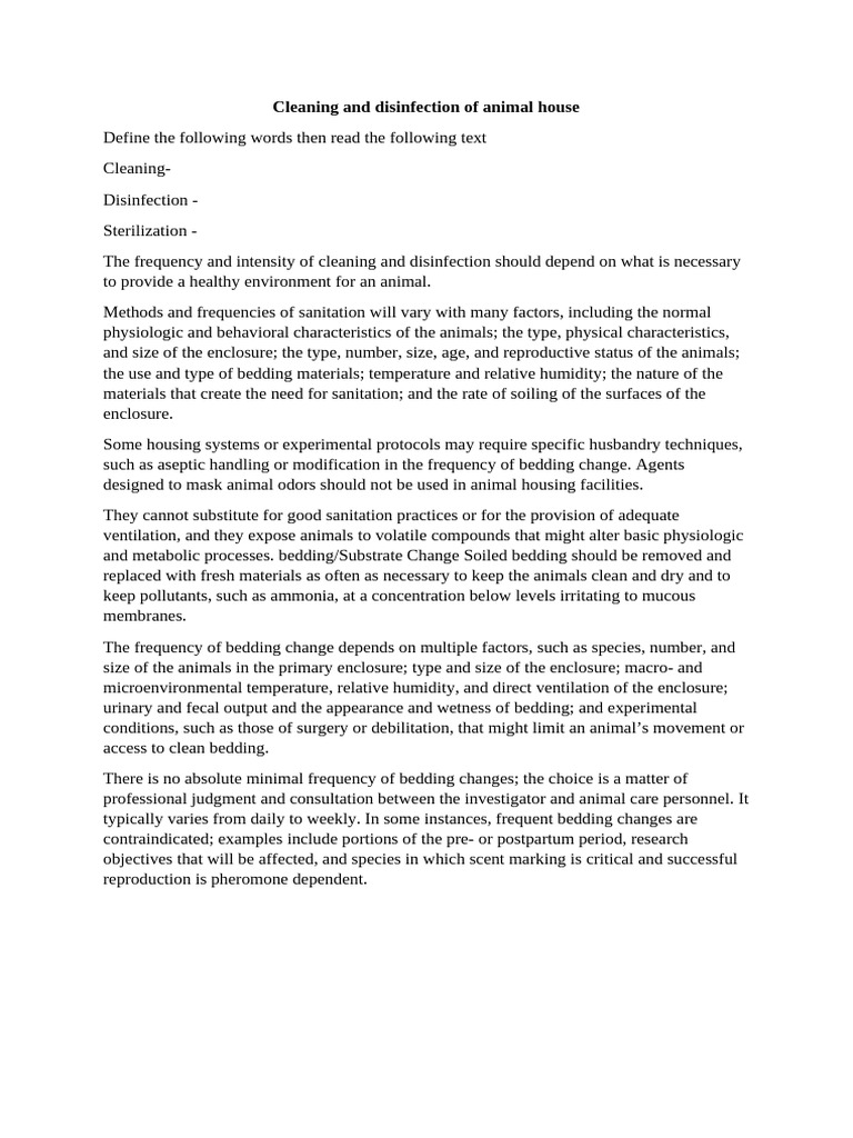 Cleaning and Disinfection of Animal House Work To Do | PDF