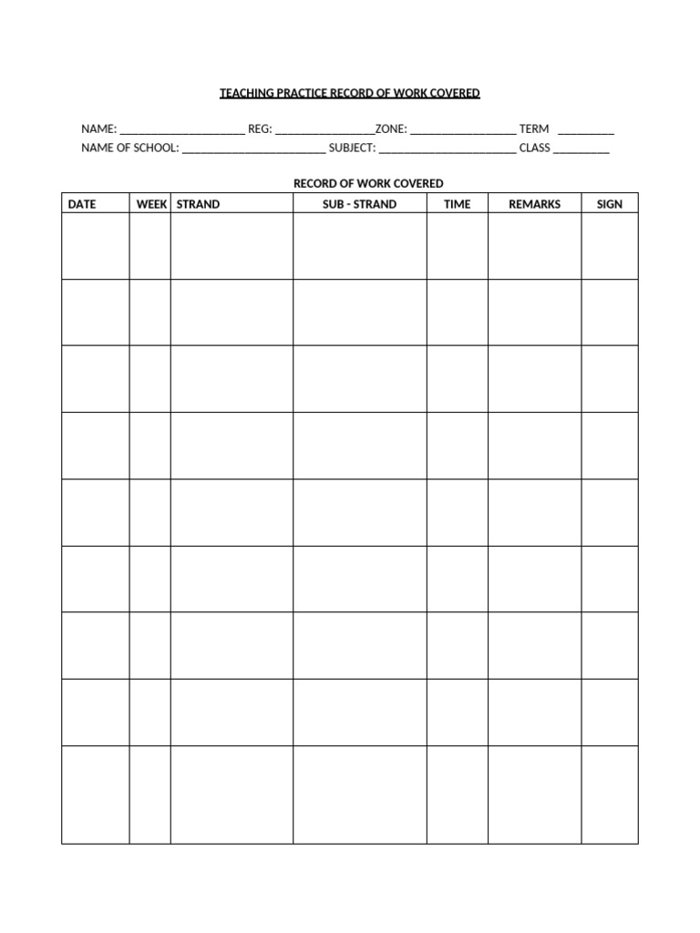 Teaching Practice Work Record Template | PDF