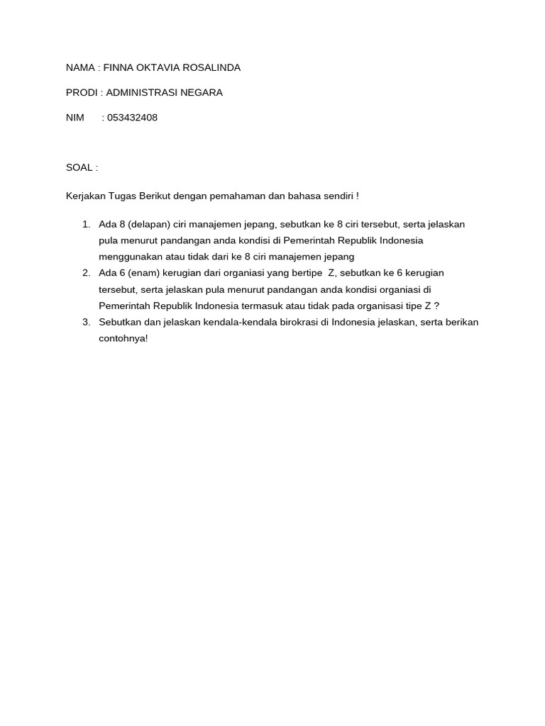 Soal Dan Jawaban Organisasi Dan Management Tugas 3 (Finna Oktavia Rosalinda) | PDF