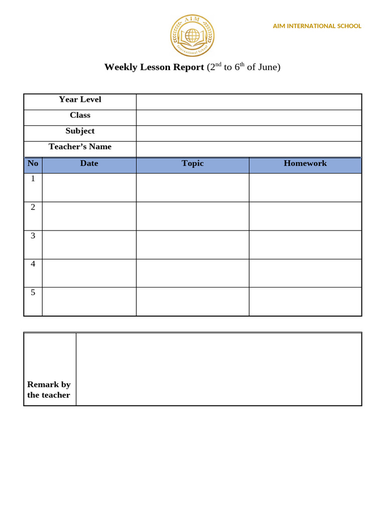 Weekly Lesson Report - Ddba63be 8eee 4433 9613 97290e0a894a | PDF