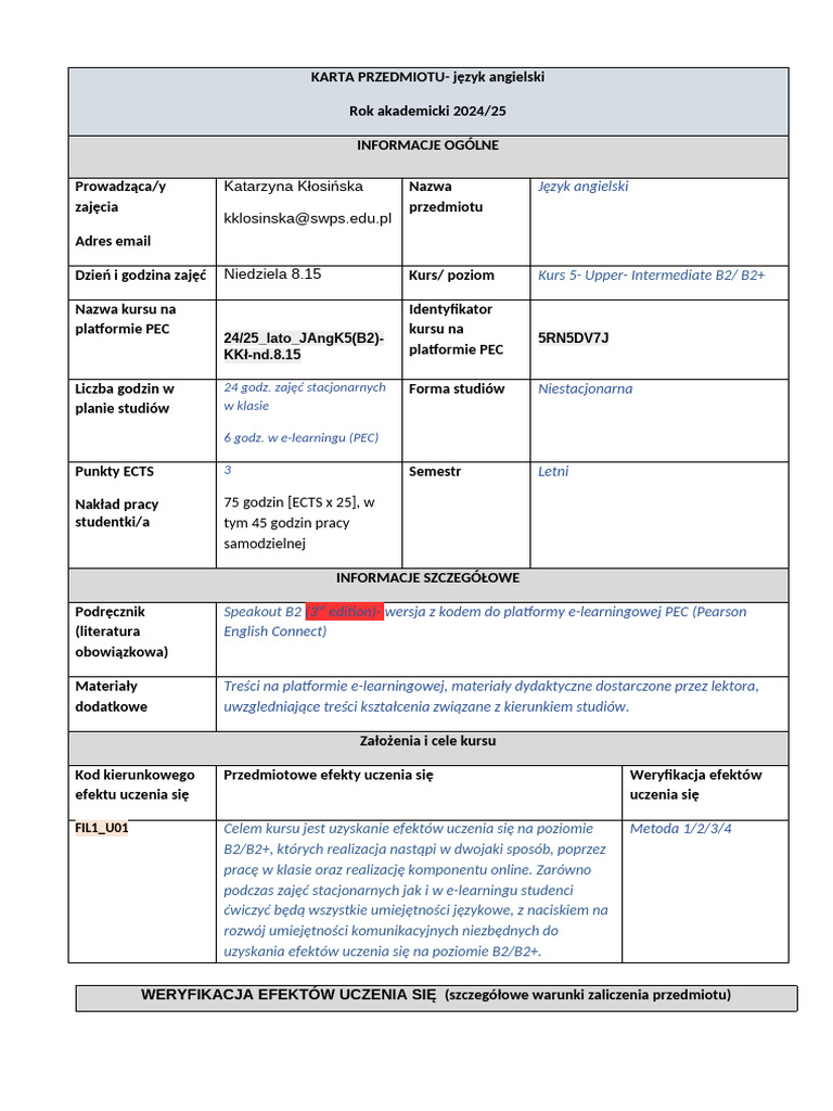 LATO+niedz..+8.15+5 KARTA+PRZEDMIOTU Jä Zyk+angielski Kurs+5 B2 NSTAC Sem+letni | PDF