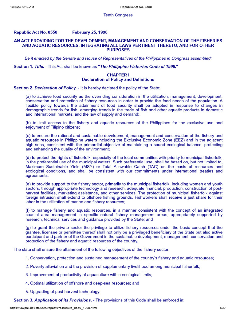 RA 8550 Philippine Fisheries Code of 1998 | PDF | Fishery | Coral