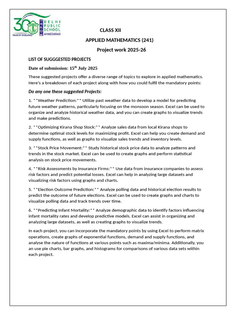 Class 12 Applied Maths Project Ideas | PDF