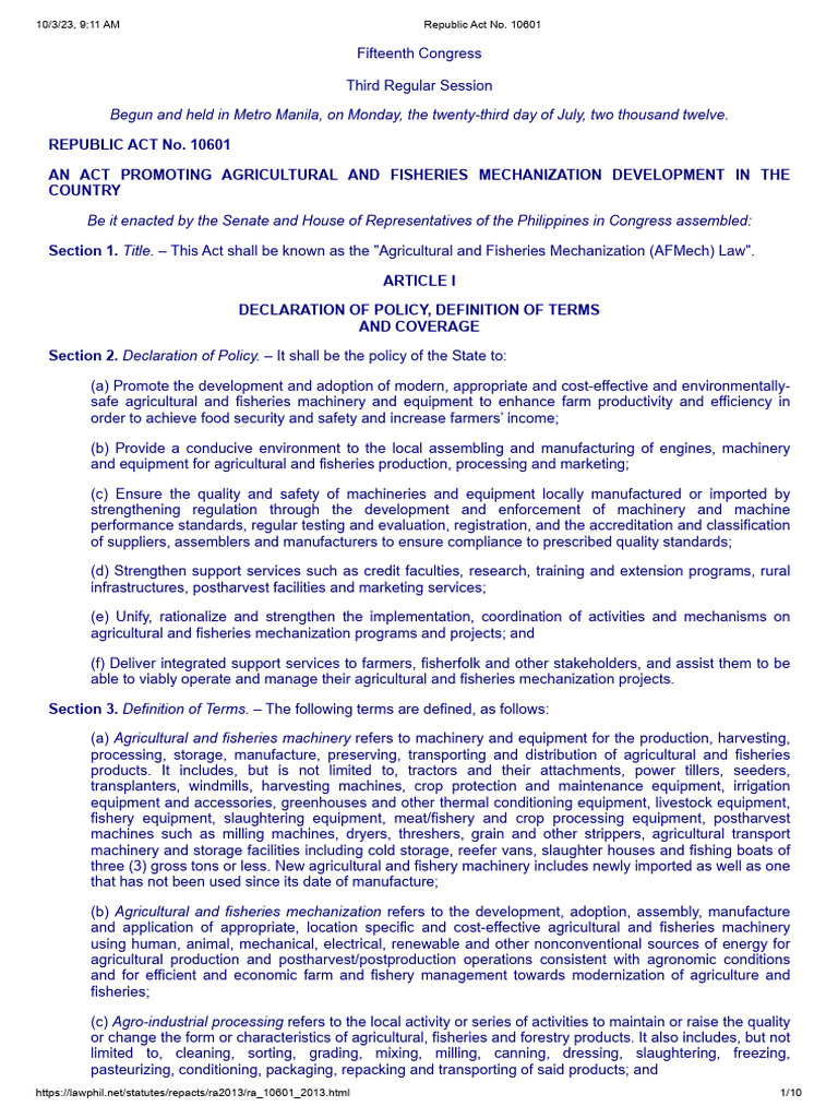 RA 10601 Agricultural and Fisheries Mechanization Law of 2013 | PDF ...