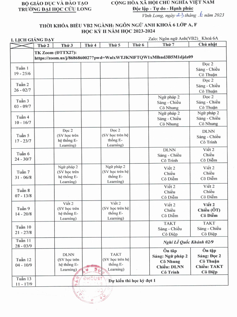 TKB VB2 Nna K6 Lop A, F Hkii Nam Hoc 2023 - 2024 | PDF