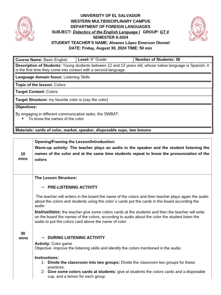 MICROTEACHING LESSON PLAN - Listening Part 1 | PDF | Linguistics | Learning