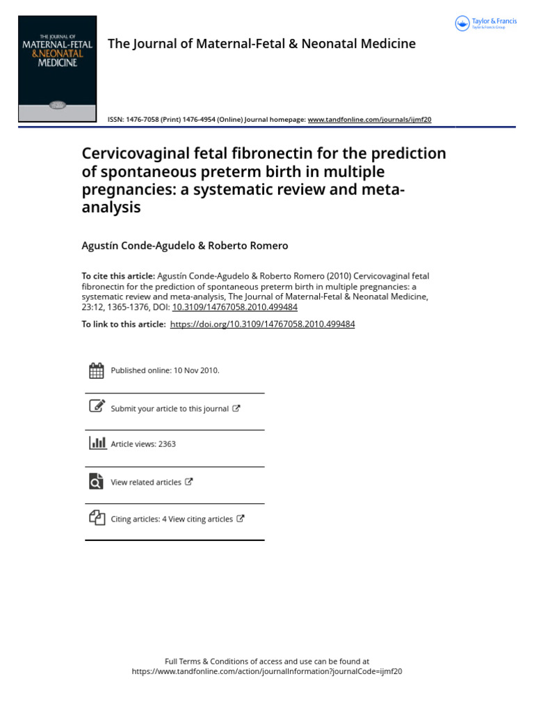 Cervicovaginal Fetal Fibronectin For The Prediction of Spontaneous ...