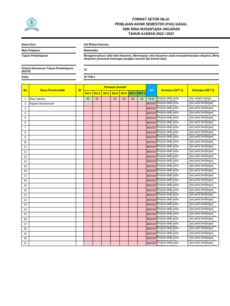 Format Setor Nilai Semester - Mapel Pilihan | PDF