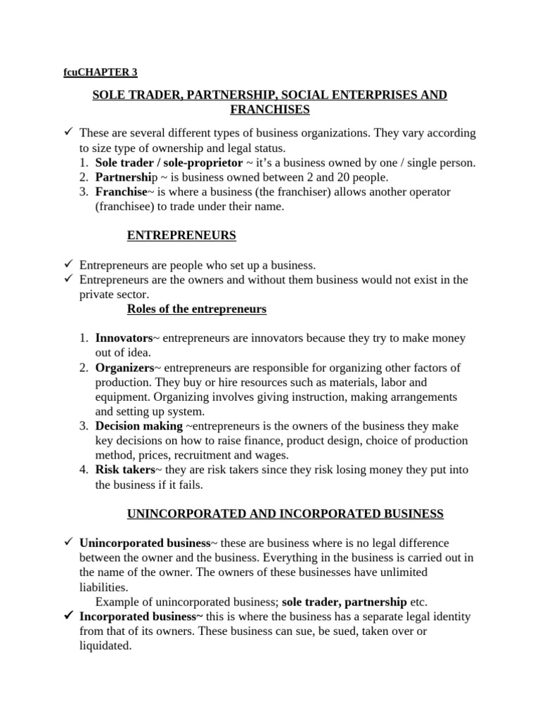 1.3 Sole Trader, Partnership | PDF | Franchising | Partnership