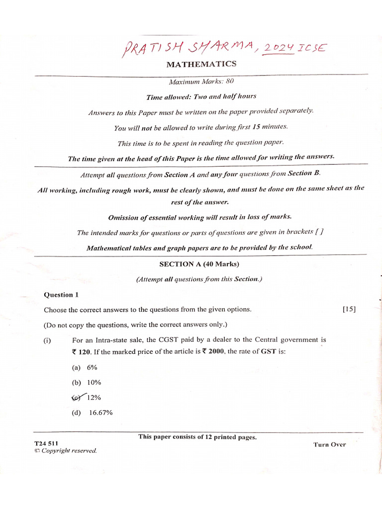 Icse 2024 Exam Paper | PDF