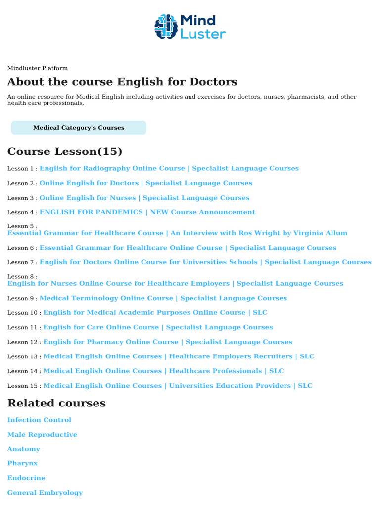 English For Doctors Course Content | PDF