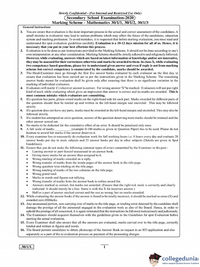 CBSE Class 10 Mathematics Standard Answer Key 2020 Set 1 30-1-1 | PDF