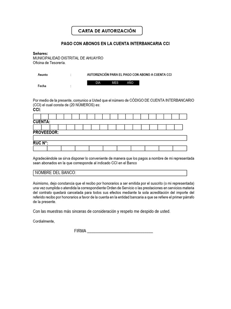 Carta de Autorizacion - Cci | PDF