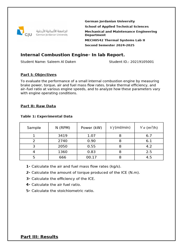 Internal Combustion Engine In-Lab Report 2024 Saleem Al Daken | PDF | Internal Combustion Engine ...