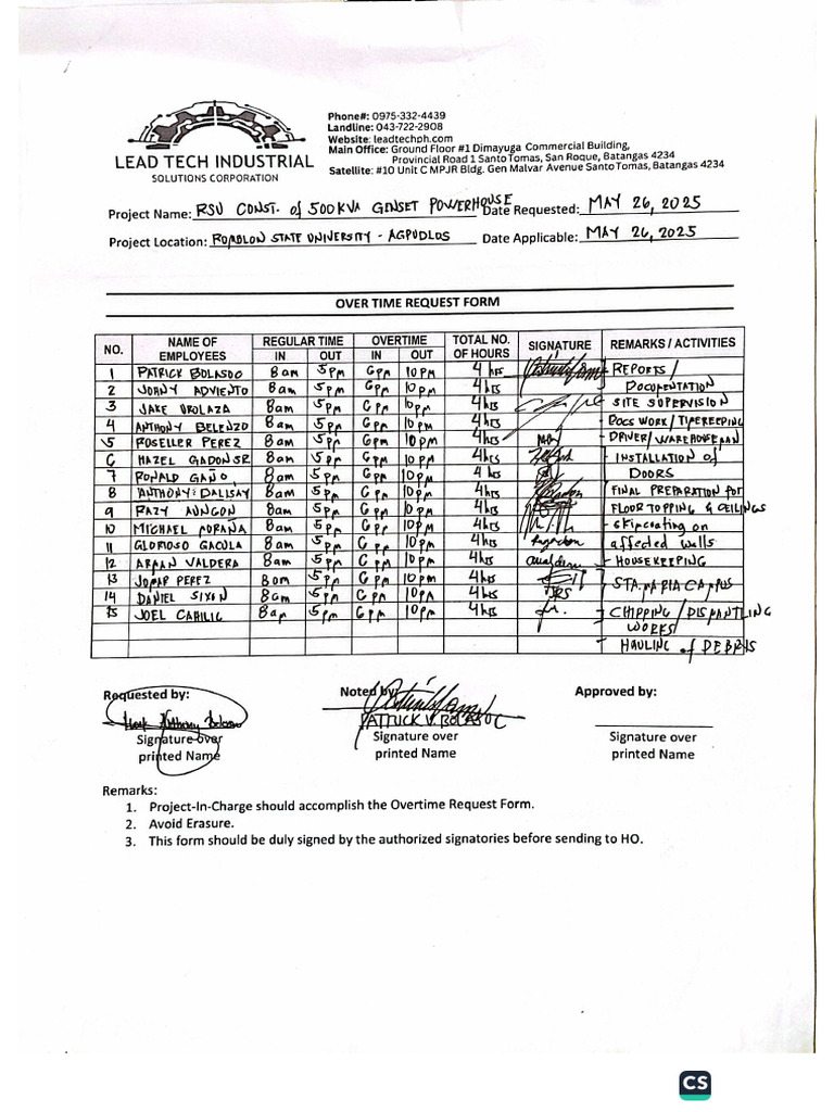 RSU Project OT Request May 26, 2025 | PDF