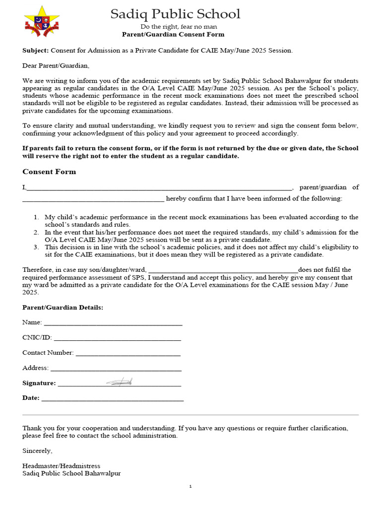Consent Form For Change of Candidate Status For Parents For CAIE May June 2025 Session | PDF