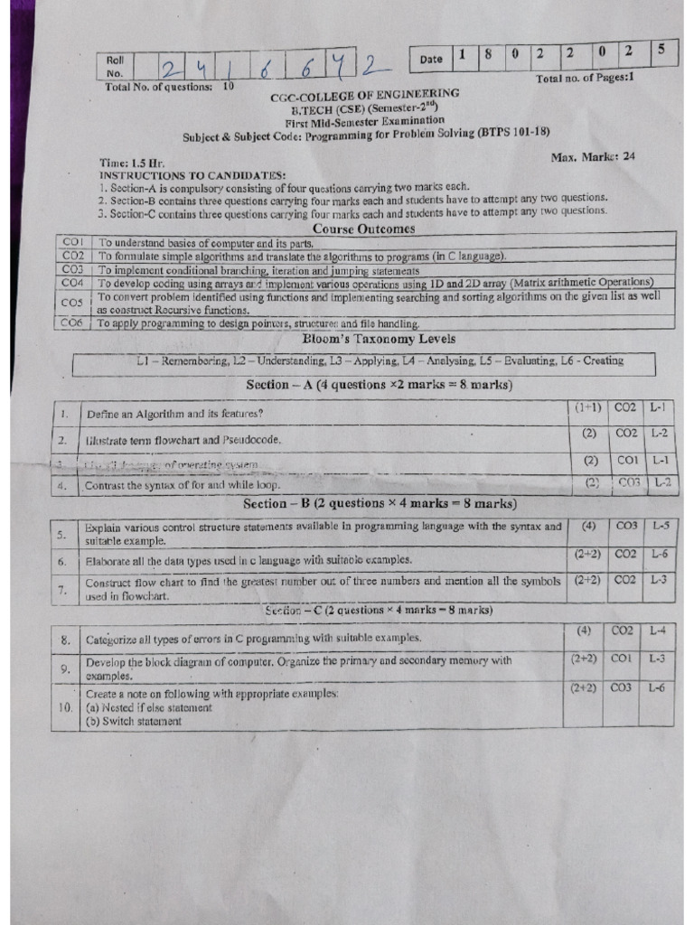 2nd Sem Cse Coe Mst-1 2025 | PDF