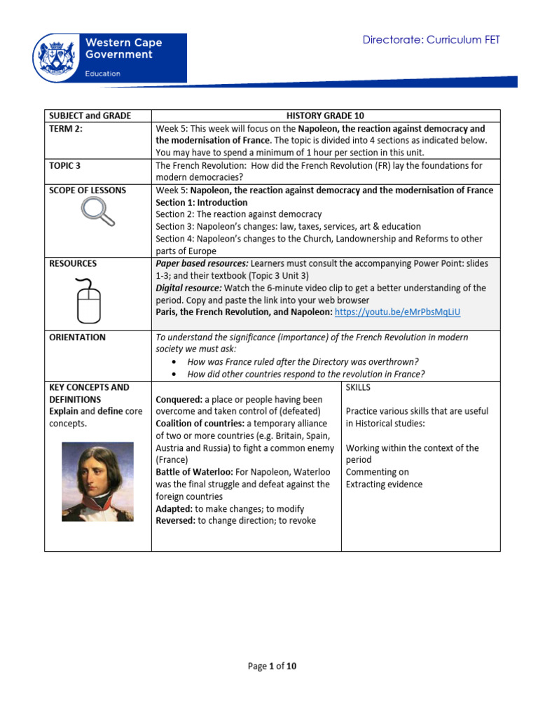 History Grade 10 Term 2 Week 5 - 2020 | PDF | First French Empire ...