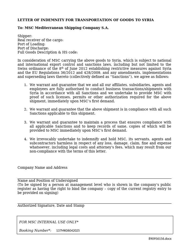Indemnity Letter for MSC Syria Shipment | PDF