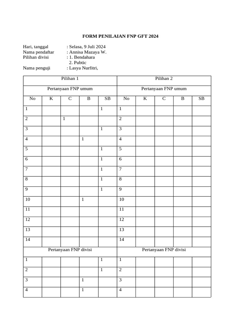 FORM PENILAIAN FNP GFT 2024 | PDF