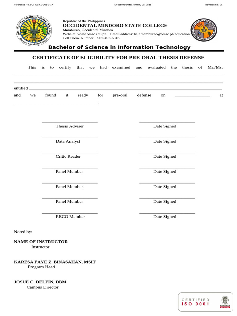 OMSC-CE-COL-01-A Certificate of Eligibility For Pre-Oral Thesis Defense ...