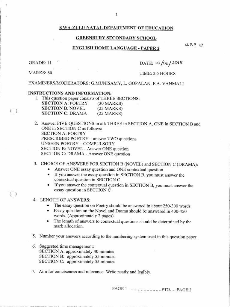 June 2015 Eng p2 QP Memo | PDF