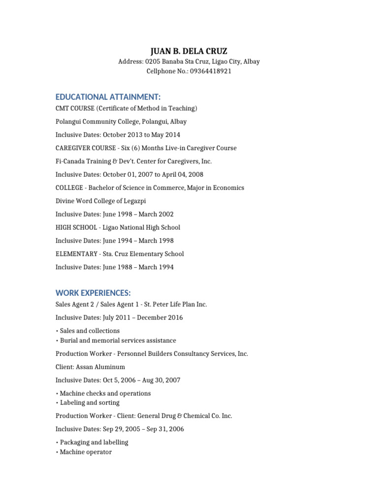 Resume Template Juan B Dela Cruz | PDF