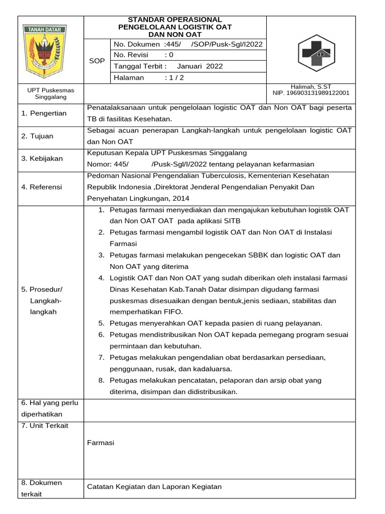 OK SOP Pengelolaan Logistik OAT Dan Non OAT | PDF