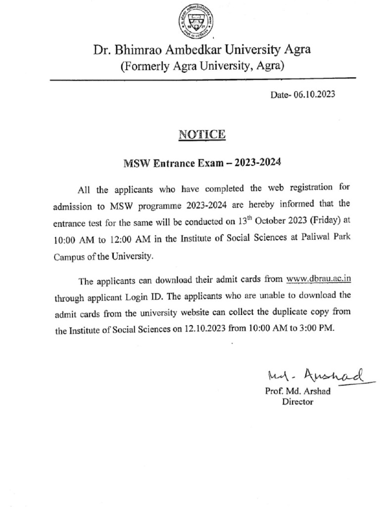 MSW Entrance Notice 2023 | PDF