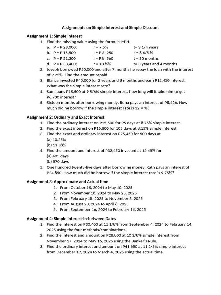 Assignmentson Simple Interest and Discount | PDF | Interest ...