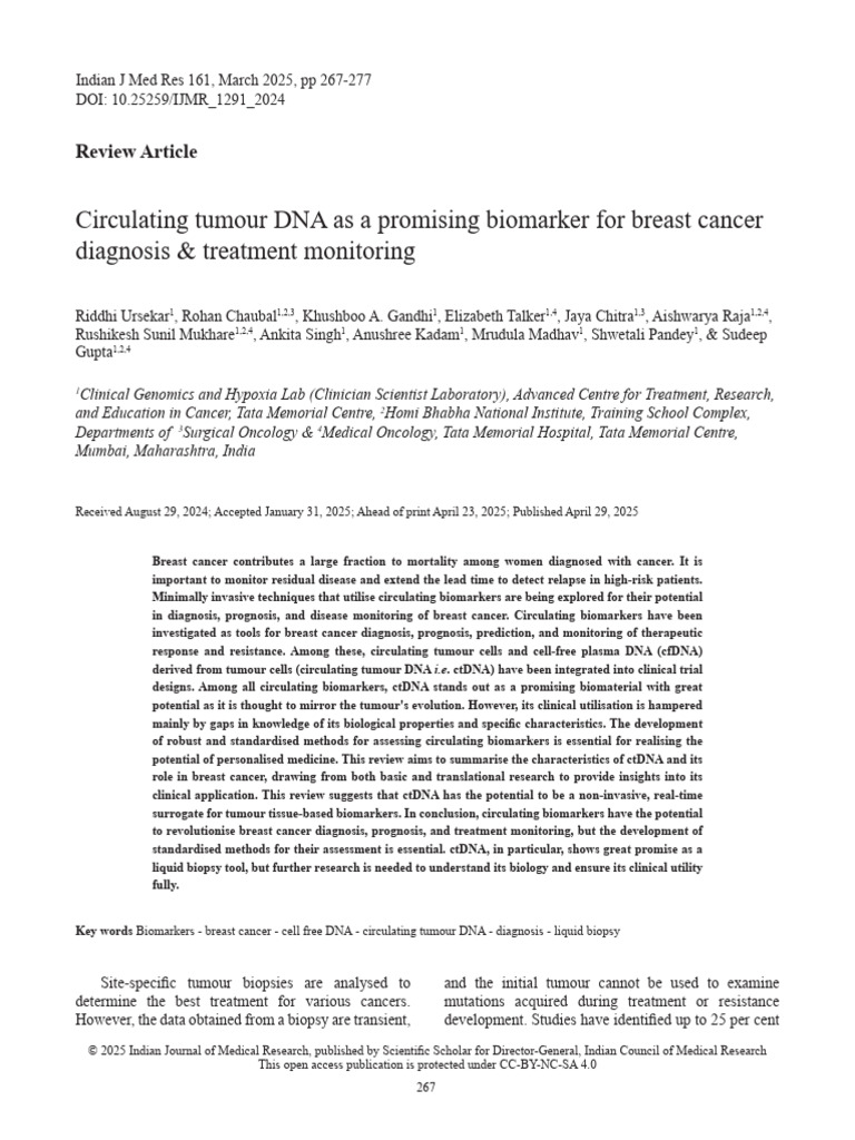 Circulating Tumour DNA As A Promising Biomarker For Breast Cancer Diagnosis & Treatment ...