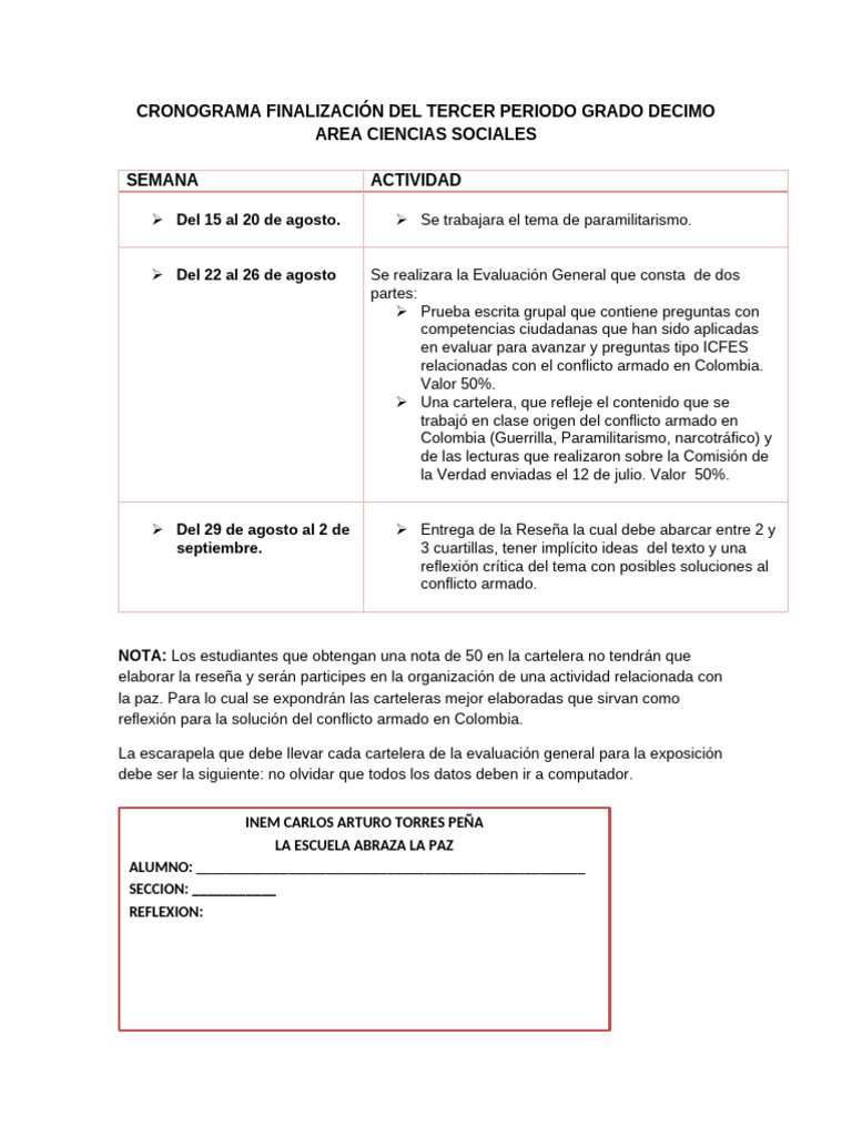 Cronograma Finalización Del Tercer Periodo Grado Decimo | PDF