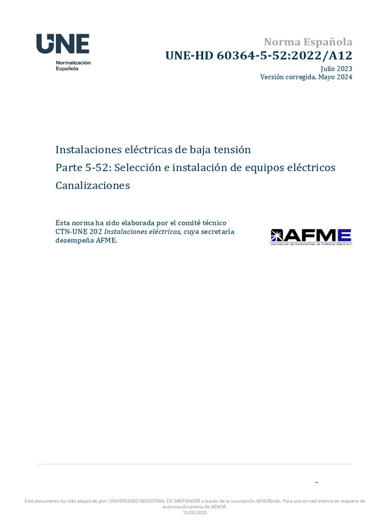 Une HD - 60364 5 52 2022 (A12 2023 | PDF | Conductor electrico | Incendios