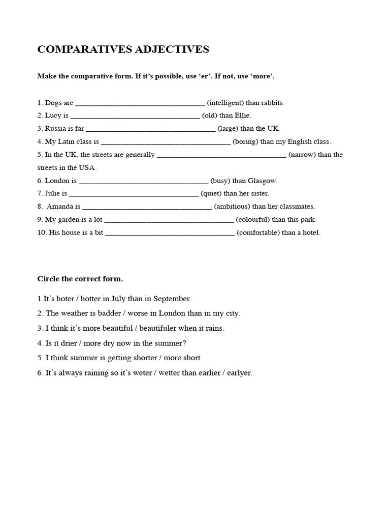 Comparative Adjectives Exercises PDF | PDF