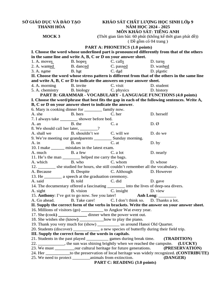 Mock English Test for Grade 9 Students | PDF | Linguistics